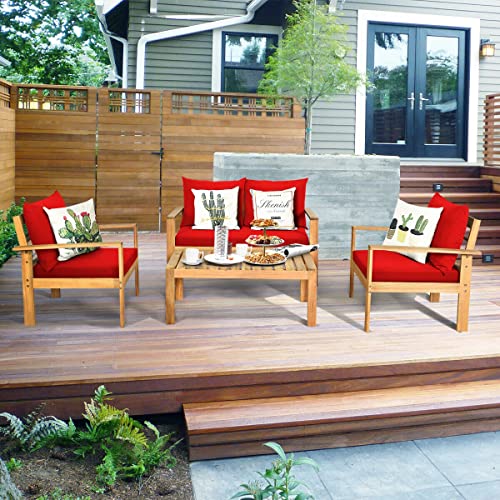 LUKEO 4PCS Patio Furniture Set Acacia Wood Thick Cushion Loveseat Sofa Red Spend Time with Your Family On The 4-8 Persons Set