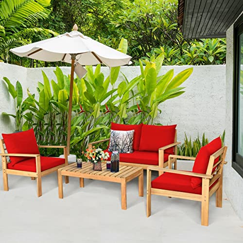 LUKEO 4PCS Patio Furniture Set Acacia Wood Thick Cushion Loveseat Sofa Red Spend Time with Your Family On The 4-8 Persons Set