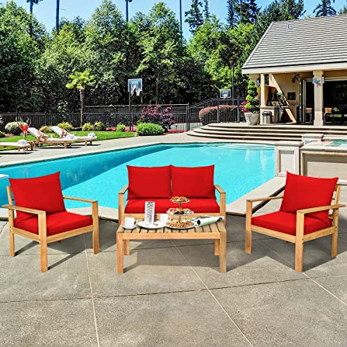 LUKEO 4PCS Patio Furniture Set Acacia Wood Thick Cushion Loveseat Sofa Red Spend Time with Your Family On The 4-8 Persons Set