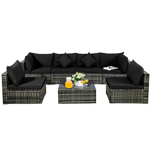 LUKEO 7PCS Patio Rattan Furniture Set Sectional Sofa Garden Black Cushion Corner Sofas and Single Sofas