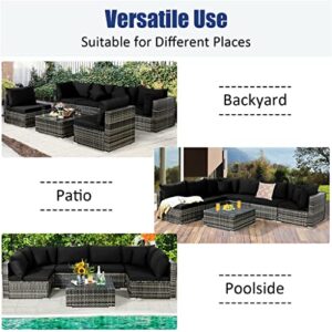 LUKEO 7PCS Patio Rattan Furniture Set Sectional Sofa Garden Black Cushion Corner Sofas and Single Sofas