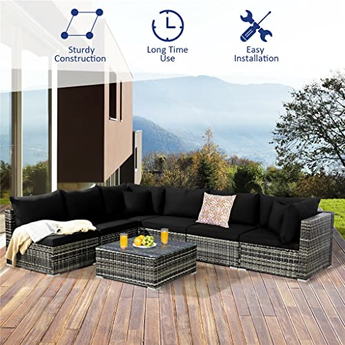 LUKEO 7PCS Patio Rattan Furniture Set Sectional Sofa Garden Black Cushion Corner Sofas and Single Sofas