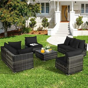 LUKEO 7PCS Patio Rattan Furniture Set Sectional Sofa Garden Black Cushion Corner Sofas and Single Sofas