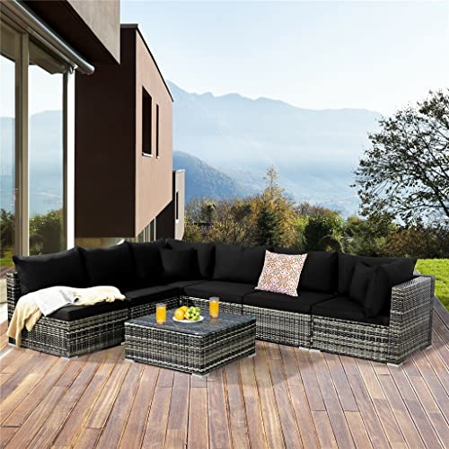 LUKEO 7PCS Patio Rattan Furniture Set Sectional Sofa Garden Black Cushion Corner Sofas and Single Sofas