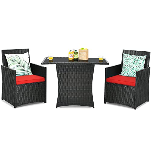 LUKEO 3PCS Patio Rattan Furniture Set Cushioned Sofa Armrest Garden Deck Red Suitable for Patio, Porch, Garden and Balcony, Etc