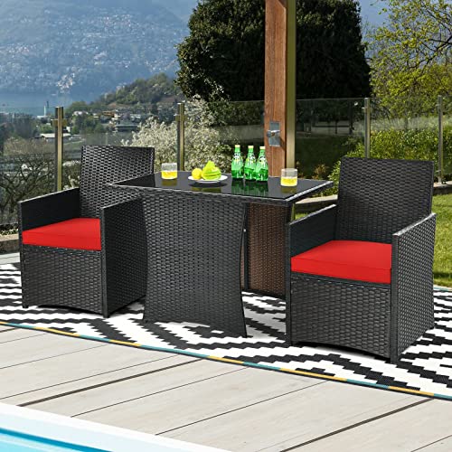 LUKEO 3PCS Patio Rattan Furniture Set Cushioned Sofa Armrest Garden Deck Red Suitable for Patio, Porch, Garden and Balcony, Etc