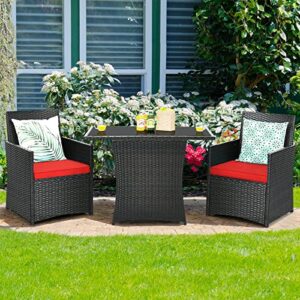 LUKEO 3PCS Patio Rattan Furniture Set Cushioned Sofa Armrest Garden Deck Red Suitable for Patio, Porch, Garden and Balcony, Etc