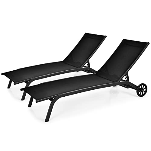 Tangkula Outdoor Chaise Lounge Chair, Patio Lounge Recliner with 6-Position Adjustable Backrest, Breathable Fabric and Smooth Wheels, Outdoor Lounge Chair (2, Black)