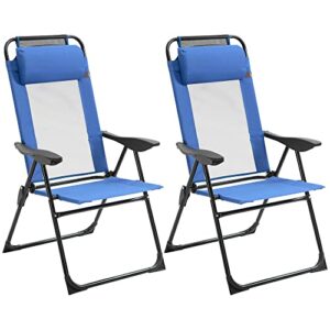 outsunny set of 2 folding patio chairs, camping chairs with adjustable sling back, removable headrest, armrest for garden, backyard, lawn, blue