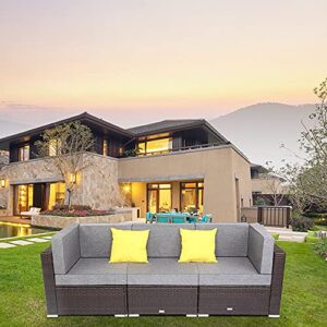 SAWQF Outdoor Patio Furniture 3 Pcs Set Include 2 Corner Sofa 1 Armless Sofa PE Wicker Rattan with 2 Pillow