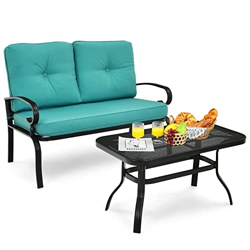 LUKEO 2PCS Patio Loveseat Bench Table Furniture Set Cushioned Chair Turquois Loveseat Coffee Table