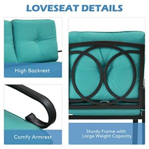 LUKEO 2PCS Patio Loveseat Bench Table Furniture Set Cushioned Chair Turquois Loveseat Coffee Table