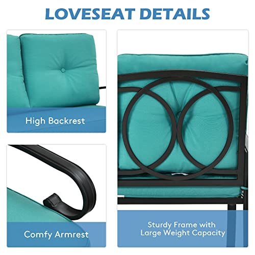 LUKEO 2PCS Patio Loveseat Bench Table Furniture Set Cushioned Chair Turquois Loveseat Coffee Table