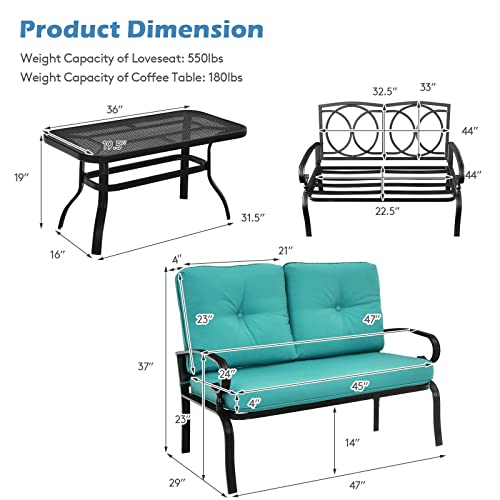 LUKEO 2PCS Patio Loveseat Bench Table Furniture Set Cushioned Chair Turquois Loveseat Coffee Table