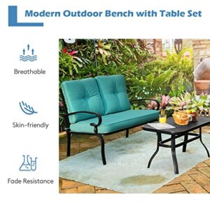 LUKEO 2PCS Patio Loveseat Bench Table Furniture Set Cushioned Chair Turquois Loveseat Coffee Table