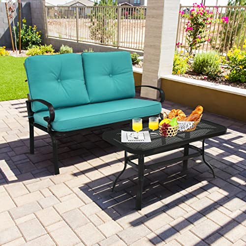 LUKEO 2PCS Patio Loveseat Bench Table Furniture Set Cushioned Chair Turquois Loveseat Coffee Table