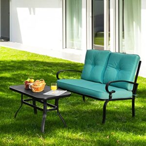 LUKEO 2PCS Patio Loveseat Bench Table Furniture Set Cushioned Chair Turquois Loveseat Coffee Table