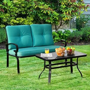 LUKEO 2PCS Patio Loveseat Bench Table Furniture Set Cushioned Chair Turquois Loveseat Coffee Table