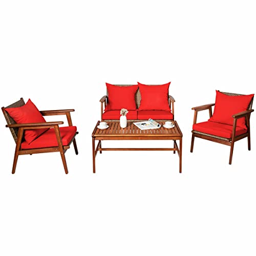 LUKEO 4PCS Patio Rattan Furniture Set Acacia Wood Frame Cushioned Sofa Chair Red Single Sofa