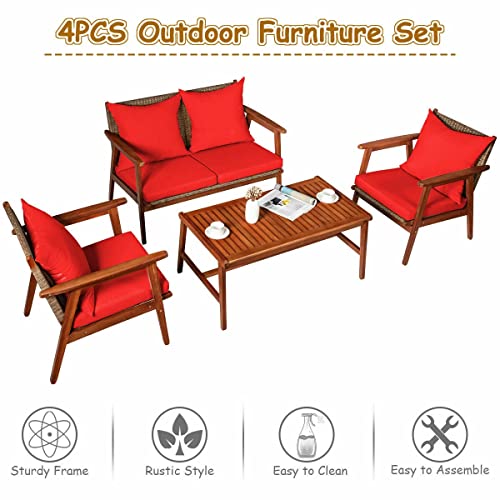 LUKEO 4PCS Patio Rattan Furniture Set Acacia Wood Frame Cushioned Sofa Chair Red Single Sofa