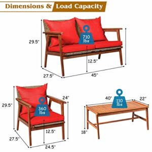 LUKEO 4PCS Patio Rattan Furniture Set Acacia Wood Frame Cushioned Sofa Chair Red Single Sofa