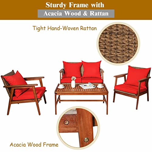 LUKEO 4PCS Patio Rattan Furniture Set Acacia Wood Frame Cushioned Sofa Chair Red Single Sofa