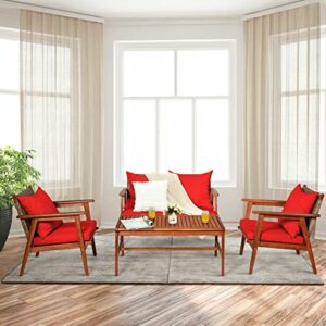 LUKEO 4PCS Patio Rattan Furniture Set Acacia Wood Frame Cushioned Sofa Chair Red Single Sofa