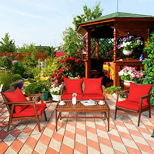 LUKEO 4PCS Patio Rattan Furniture Set Acacia Wood Frame Cushioned Sofa Chair Red Single Sofa