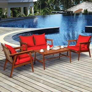 LUKEO 4PCS Patio Rattan Furniture Set Acacia Wood Frame Cushioned Sofa Chair Red Single Sofa