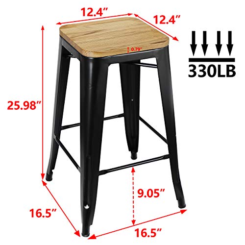 ZenStyle 26“ 4 Set Stackable Barstools Counter Height Metal Bar Stools Kitchen Island Chairs with Square Wood Top for Indoor & Outdoor