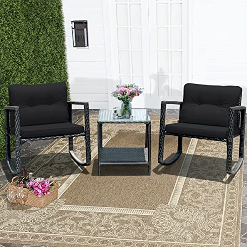 LUKEO 3PCS Patio Rattan Furniture Set Rocking Chairs Cushioned Sofa Black Rocking Chair