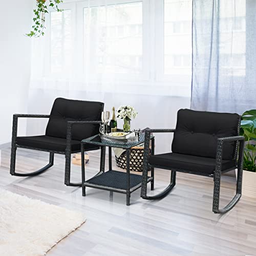 LUKEO 3PCS Patio Rattan Furniture Set Rocking Chairs Cushioned Sofa Black Rocking Chair