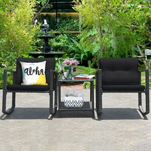 LUKEO 3PCS Patio Rattan Furniture Set Rocking Chairs Cushioned Sofa Black Rocking Chair