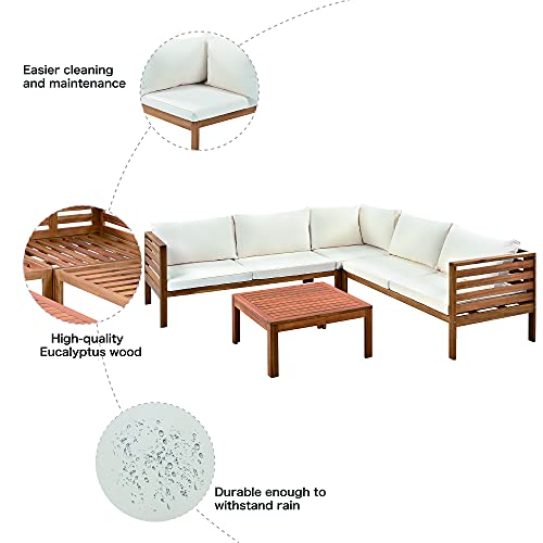 XD Designs 4 Piece Outdoor Patio Furniture Set, Acacia Wood Sectional Sofa w/Seat Cushions, Patio Sectional Conversation Seat with Couches and Coffee Table Beige Cushions