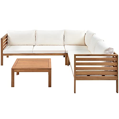 XD Designs 4 Piece Outdoor Patio Furniture Set, Acacia Wood Sectional Sofa w/Seat Cushions, Patio Sectional Conversation Seat with Couches and Coffee Table Beige Cushions