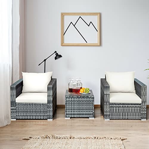 LUKEO 3 PC Patio Rattan Furniture Bistro Set Cushioned Sofa Chair Table White Single Sofa