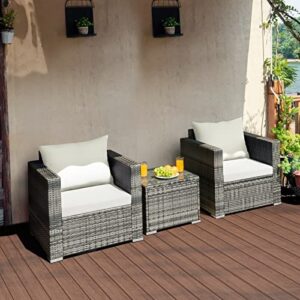 LUKEO 3 PC Patio Rattan Furniture Bistro Set Cushioned Sofa Chair Table White Single Sofa