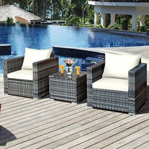 LUKEO 3 PC Patio Rattan Furniture Bistro Set Cushioned Sofa Chair Table White Single Sofa