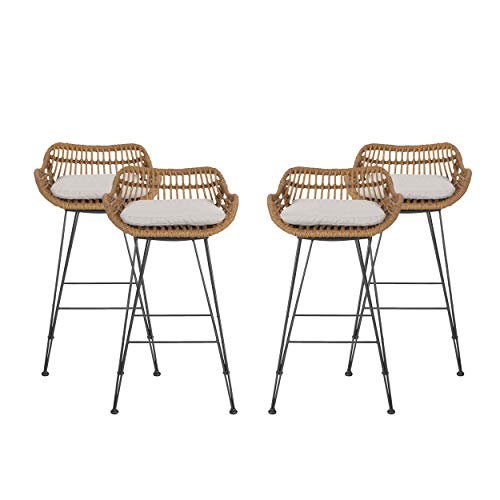 Great Deal Furniture Candance Outdoor Wicker Barstools with Cushions (Set of 4), Light Brown and Beige