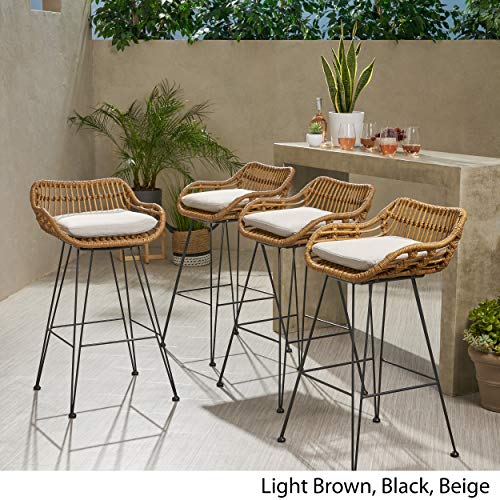 Great Deal Furniture Candance Outdoor Wicker Barstools with Cushions (Set of 4), Light Brown and Beige