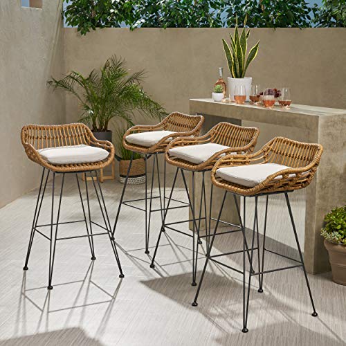 Great Deal Furniture Candance Outdoor Wicker Barstools with Cushions (Set of 4), Light Brown and Beige