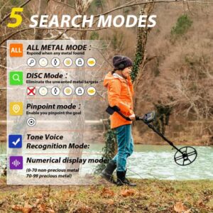 Professional Metal Detector for Adults, Pinpoint Gold Detector with LCD Display, 11"x14" Waterproof Search Coil, 15'' Detection Depth, 5 Search Modes, IP68 Waterproof for Treasure Hunting