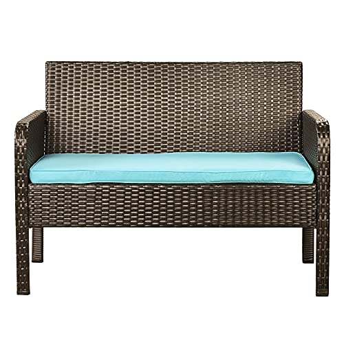 SAWQF 4 Pcs Patio Furniture Set Outdoor Rattan Sofa Seating Group Include 1 Sofa 2 Chair 1 Coffee Table Beige/Blue Cushions (Color : E)