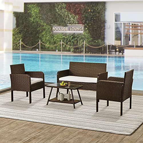 SAWQF 4 Pcs Patio Furniture Set Outdoor Rattan Sofa Seating Group Include 1 Sofa 2 Chair 1 Coffee Table Beige/Blue Cushions (Color : E)