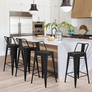 alunaune 26″ metal bar stools set of 4 counter height barstools industrial counter stool kitchen bar chairs indoor outdoor-low back, black