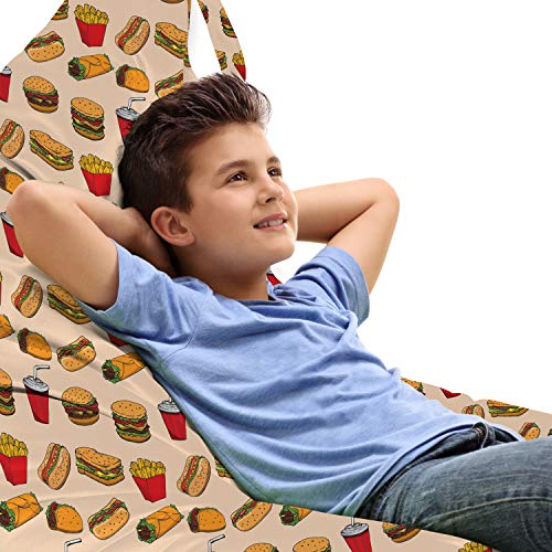 Lunarable Soda Lounger Chair Bag, Western Meal with Hot Dog Burrito Sandwich Lunchtime Friends Hangout, High Capacity Storage with Handle Container, Lounger Size, Pale Peach Multicolor