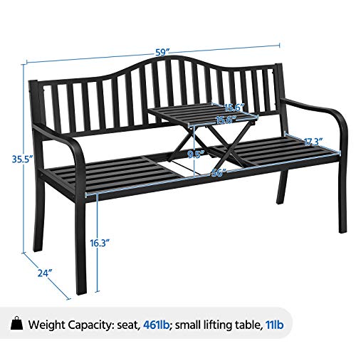 Topeakmart Outdoor Garden Bench Patio Park Bench Chair with Adjustable Middle Table, Two Person Outdoor Furniture, Black