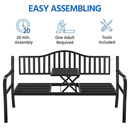 Topeakmart Outdoor Garden Bench Patio Park Bench Chair with Adjustable Middle Table, Two Person Outdoor Furniture, Black