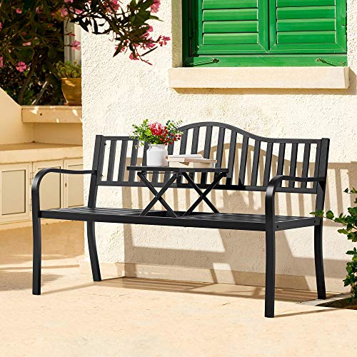 Topeakmart Outdoor Garden Bench Patio Park Bench Chair with Adjustable Middle Table, Two Person Outdoor Furniture, Black