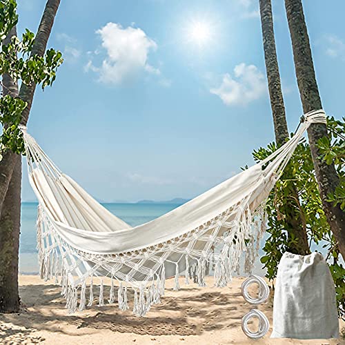 LALA IKAI Macrame Fringe Hammock Boho Balcony Hammock Handmade Tassels Hammock 2 Person Double Hammock 450lbs for Home,Outdoor,Backyard,Beach,Patio